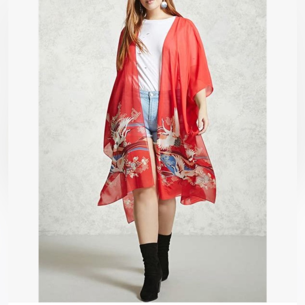 Forever 21 Japanese Crane Semi-Sheer Kimono Open Long… - Gem